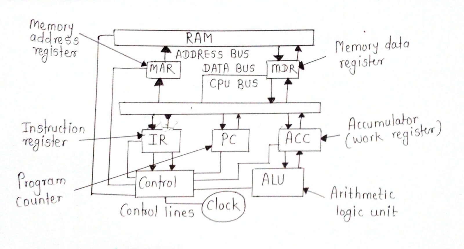 Draw a block diagram of a computer’s CPU showing all the basic building blocks such as program ...